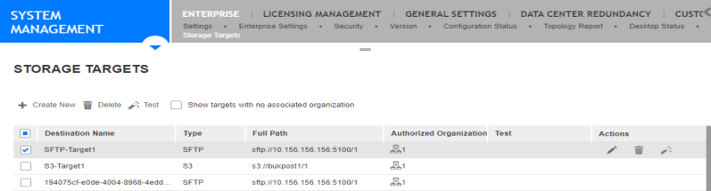 Storage Target screen reference
