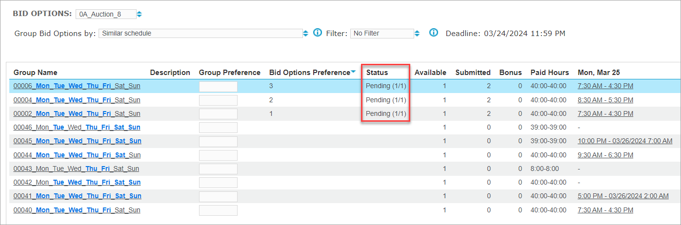 Submit multiple, grouped shift bids for a Full Schedule Period auction
